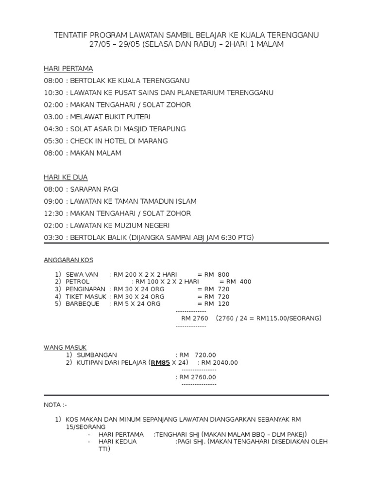 Contoh Tentatif Program Lawatan Sambil Belajar | PDF