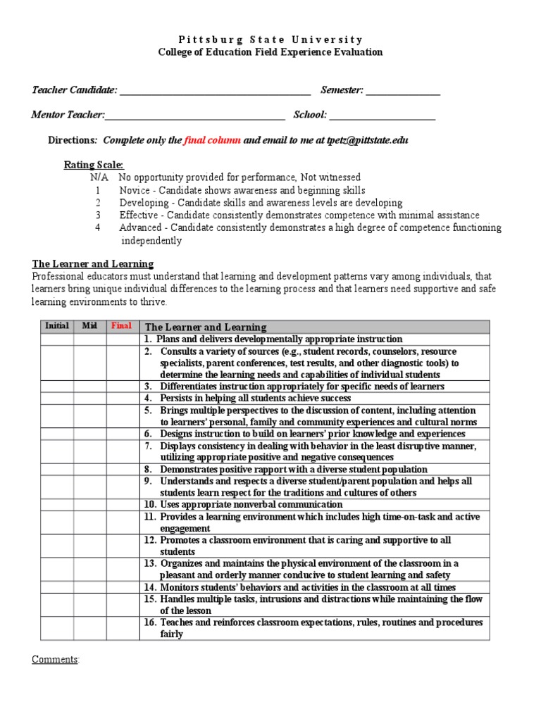 Mentor Assessment Ratings | PDF | Differentiated Instruction ...