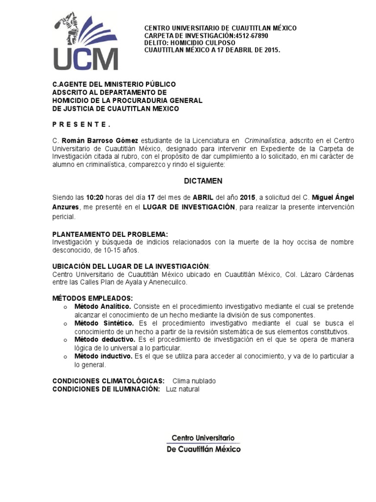 Ejemplo De Dictamen Con Sus Partes