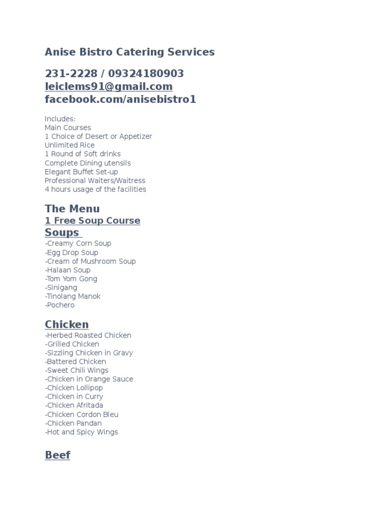 Anise Bistro Catering Menu & Services | PDF | Cooking, Food & Wine ...