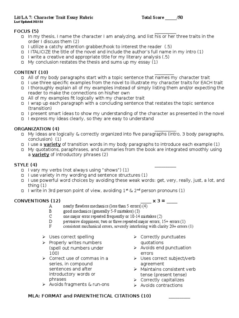 Character Trait Essay Rubric Guide | PDF | Paragraph | Citation