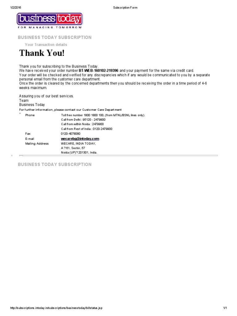Thank You!: Business Today Subscription | PDF