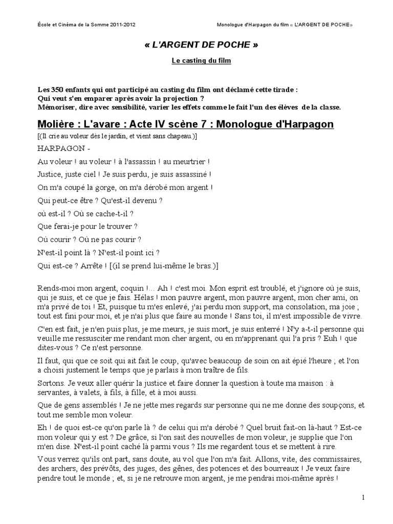 Fiche3 ARGENT POCHE Annexe Texte Monologue Harpagon | PDF