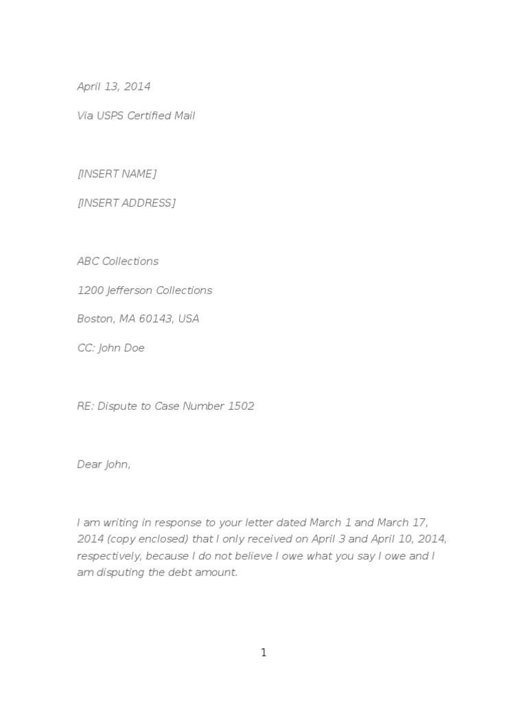 Debt Collection Dispute Letter Template | PDF | Collection Agency ...
