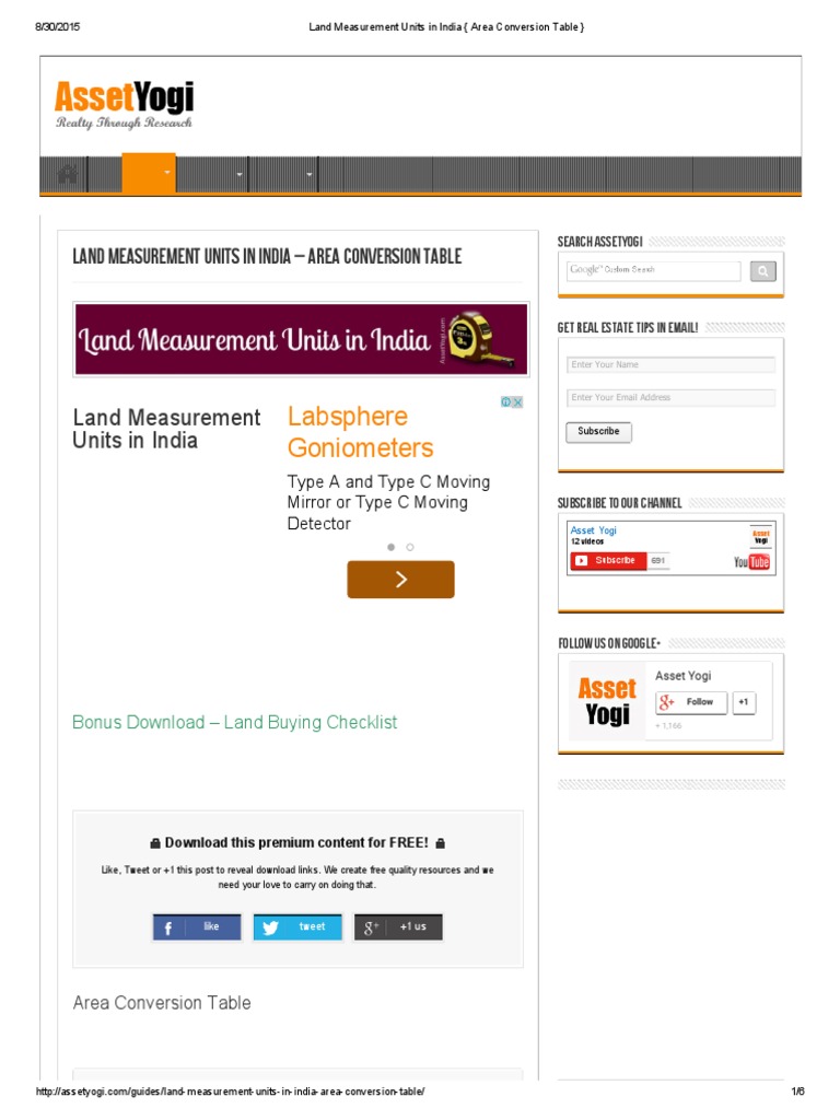 Land Measurement Units in India (Area Conversion Table) | PDF | Acre | Yard