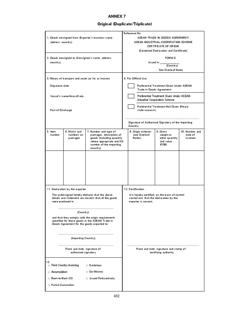 Certificate Of Origin Form D Association Of Southeast Asian Nations 