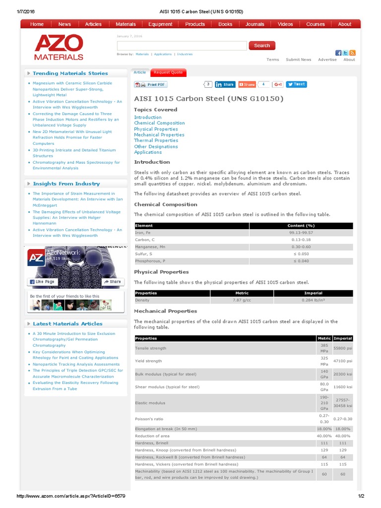 Aisi 1015 Carbon Steel (Uns g10150) | PDF | Iron | Metals