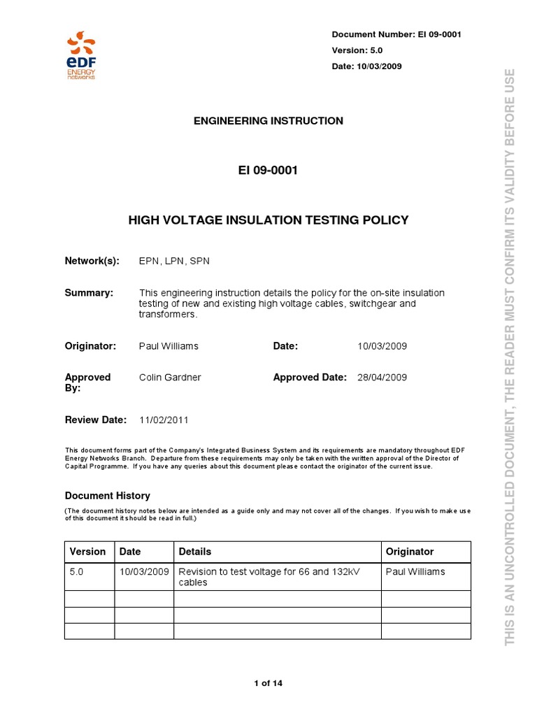 EDF High Voltage Cable Insulation Testing Policy | PDF | Insulator ...