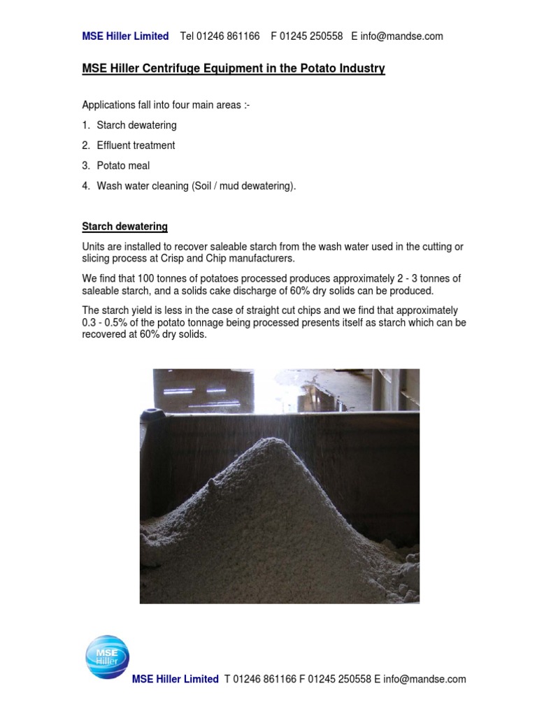 MSE Hiller Centrifuge for Potato Processing | PDF | Starch | Washing ...