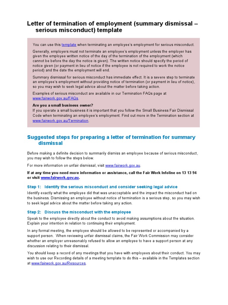 Letter of Termination Serious Misconduct Summary Dismissal | PDF | Employment | Private Law