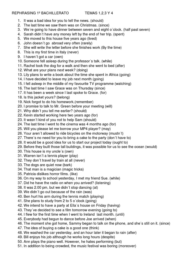 Rephrasing Exercises for 1º Bachillerato | PDF | Leisure