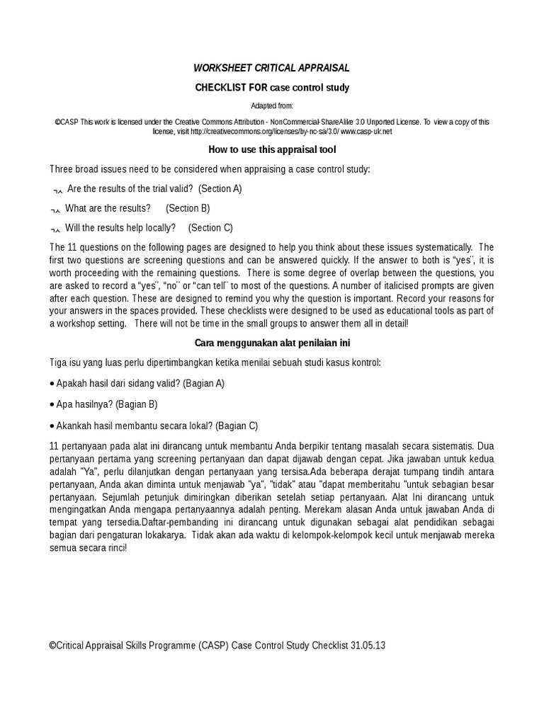 Worksheet Critical Appraisal Case Control | PDF | Infeksi Saluran Kemih ...