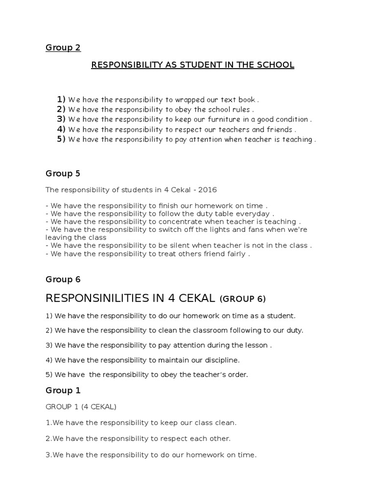 Student Responsibilities in School | PDF