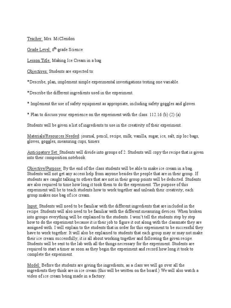 6th Grade Science: Ice Cream Experiment | PDF | Experiment | Lesson Plan
