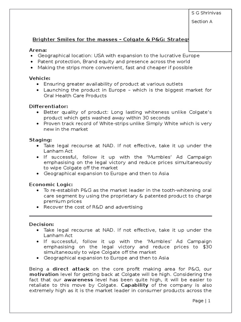 Colgate Strategy Sheet | PDF | Profit (Accounting) | Advertising