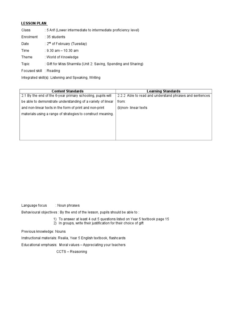 LESSON PLAN Reading (Unit 2: Spo | PDF | Lesson Plan | Teaching