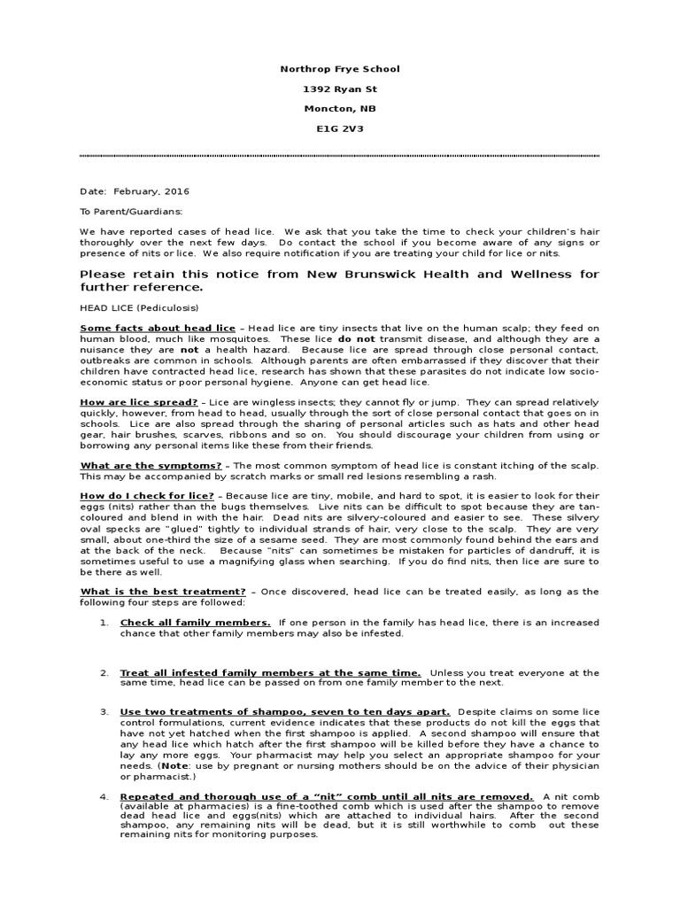 Lice Letter | PDF | Health Treatment | Wellness