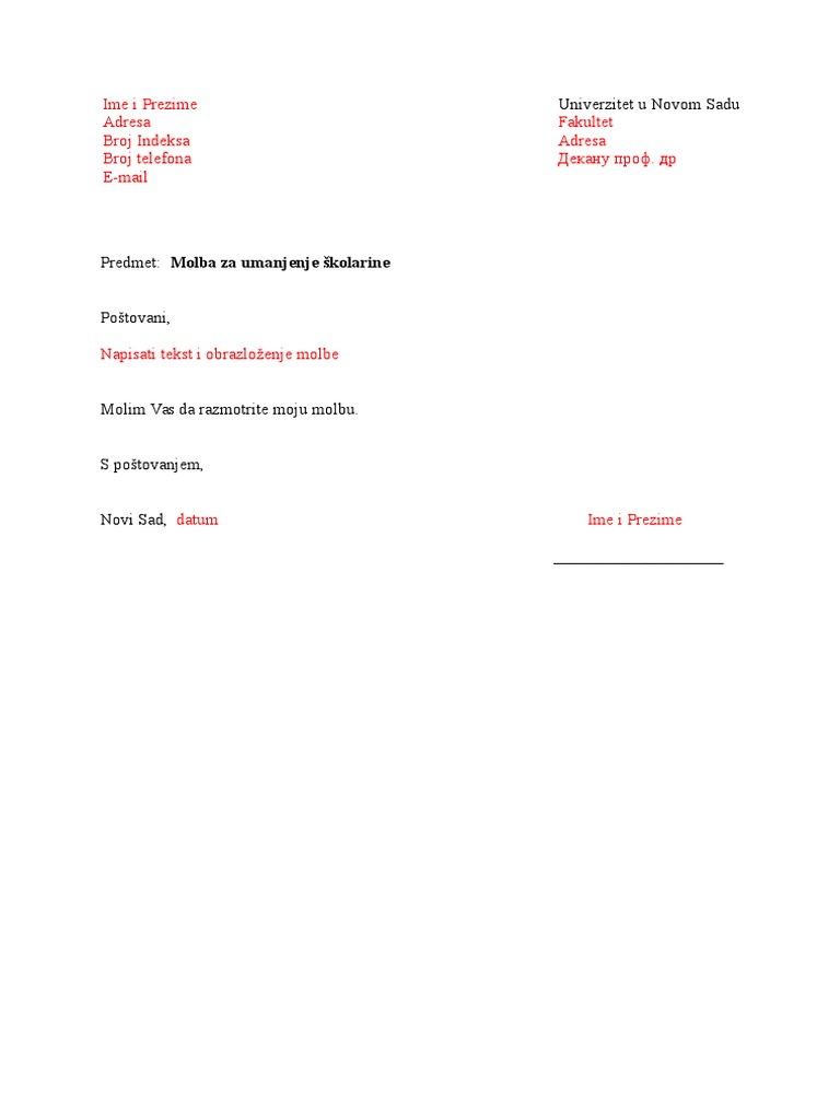 Molba Za Smanjenje Skolarine | PDF