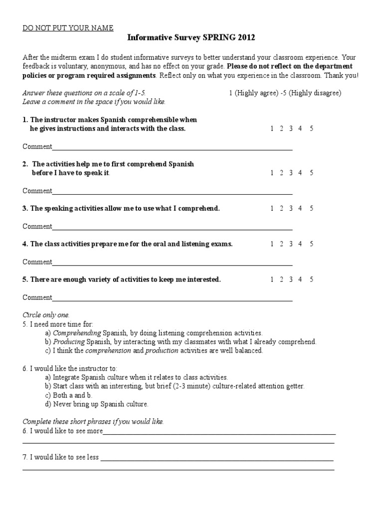 Spanish Class Experience Survey 2012 | PDF | Test (Assessment) | Classroom