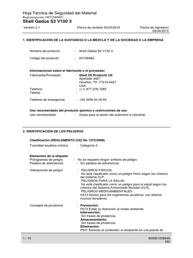 MSDS Shell Gadus S2 V100 3 | PDF | Herida | Contaminación