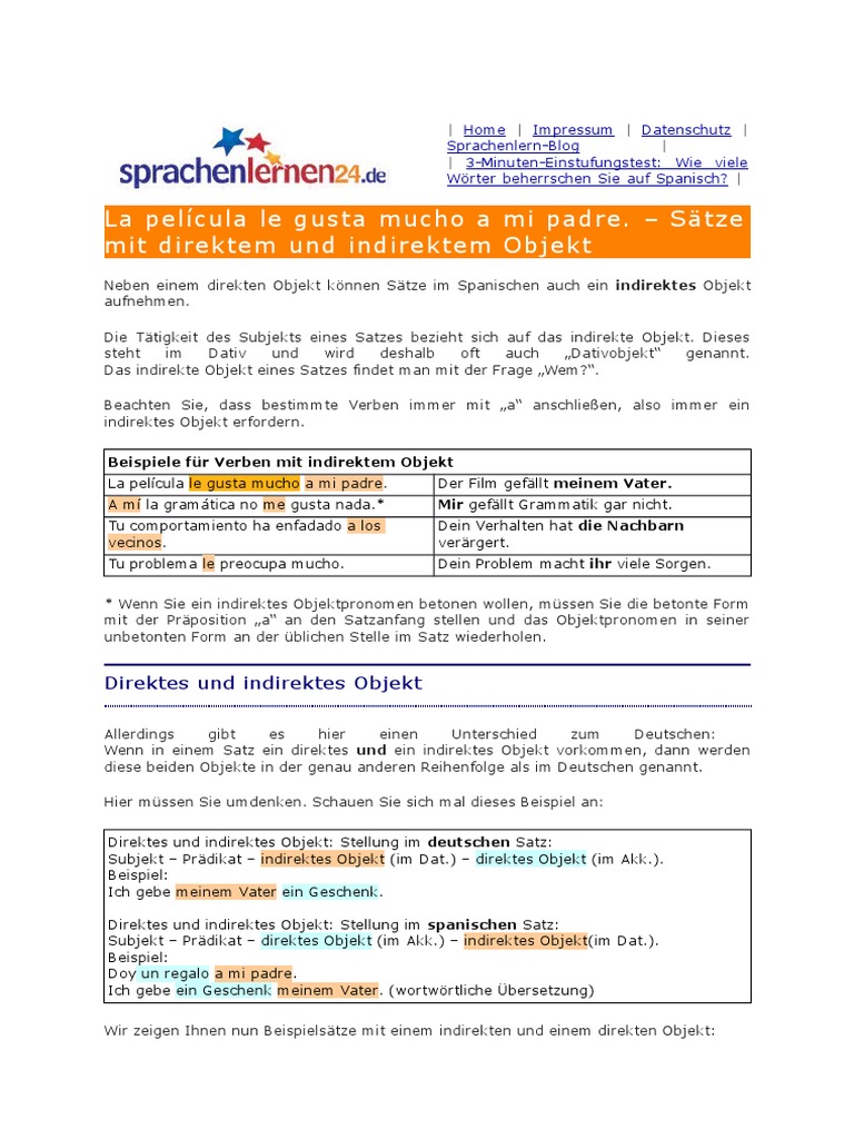 Spanisch Deutsch Direktes Und Indirektes Objekt | PDF Spanisch Deutsch Direktes Und Indirektes Objekt | PDF