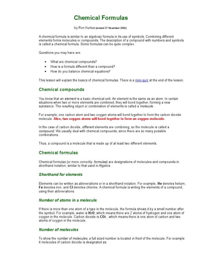 Chemical Formulas | Download Free PDF | Chemical Compounds | Molecules