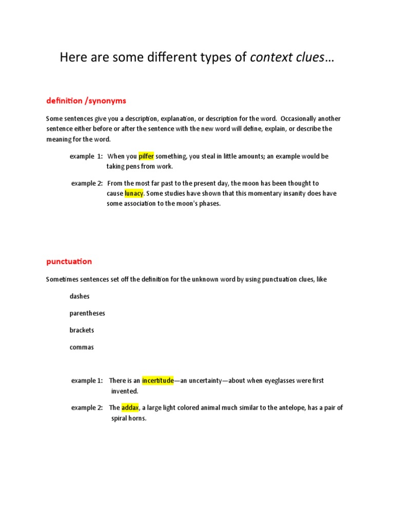 Context Clues - Here Are Some Different Types of Clues | PDF ...