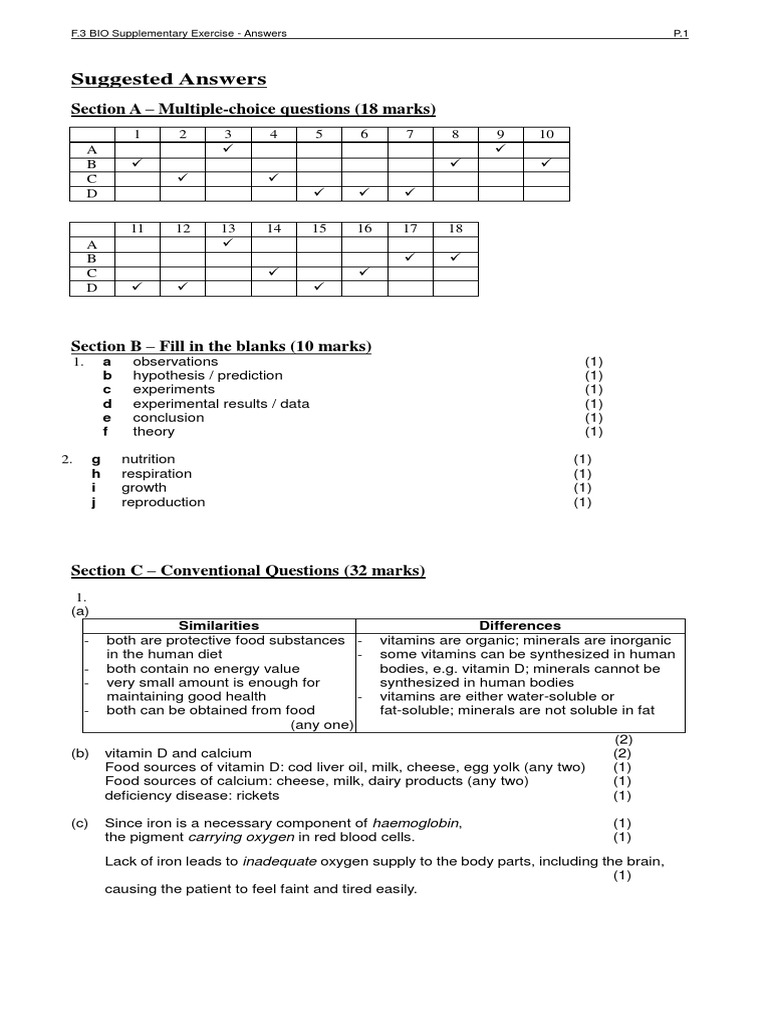Biology F3 Supp Exercise - Answers | PDF | Human Tooth | Vitamin