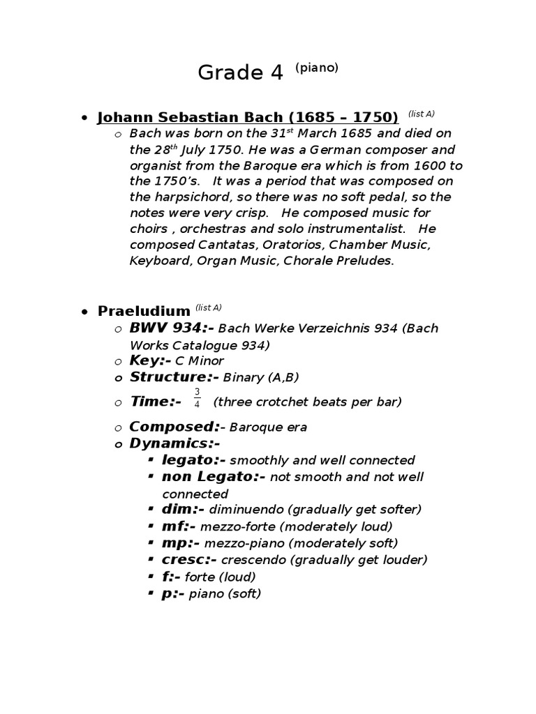 Grade 4 Piano Scales | PDF | Johann Sebastian Bach | Tempo