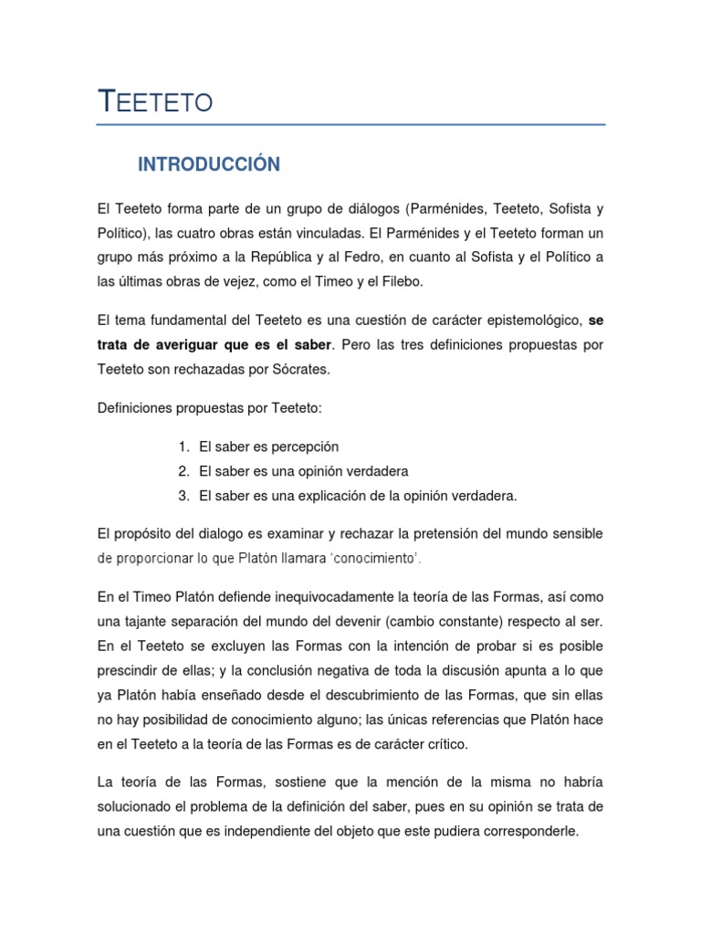 Resumen Del Teeteto | PDF | Platón | Certeza