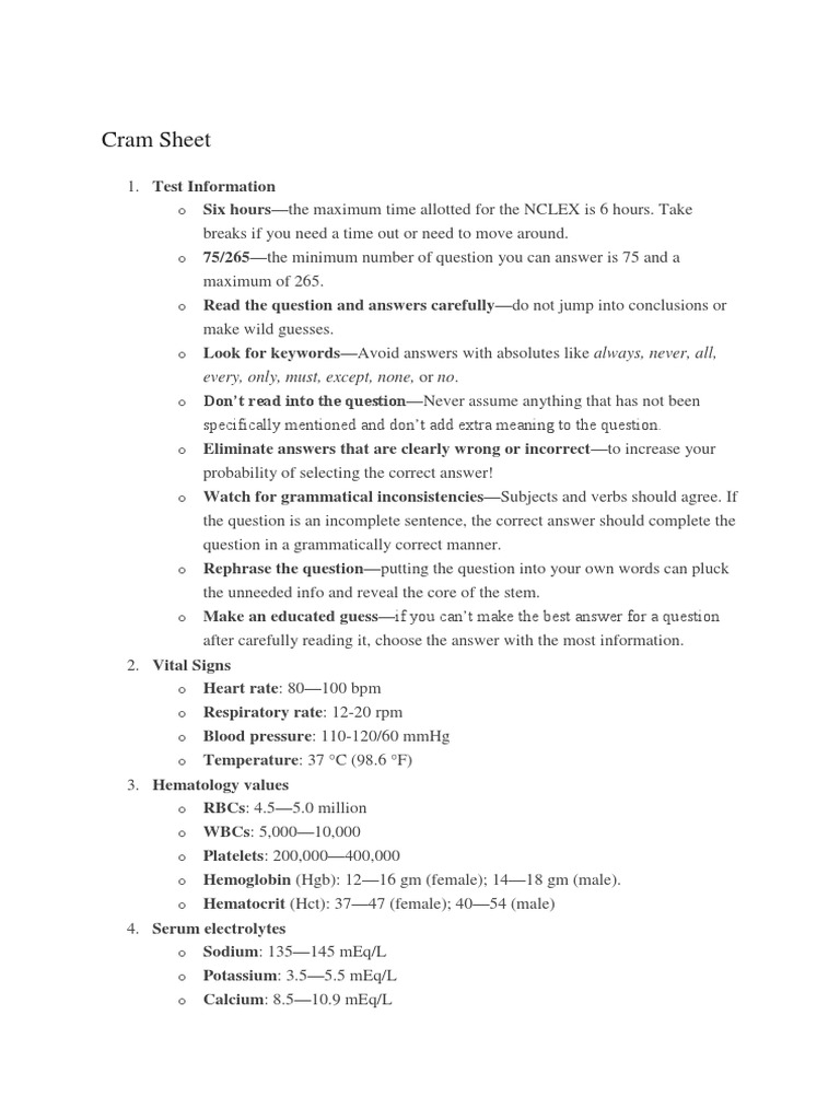 Nclex Cheat Sheet | PDF | National Council Licensure Examination ...