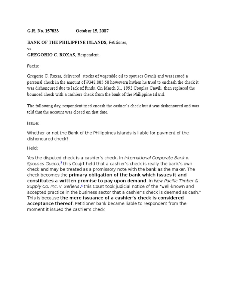 G.R. No. 157833 October 15, 2007 Bank Of The Philippine Islands ...