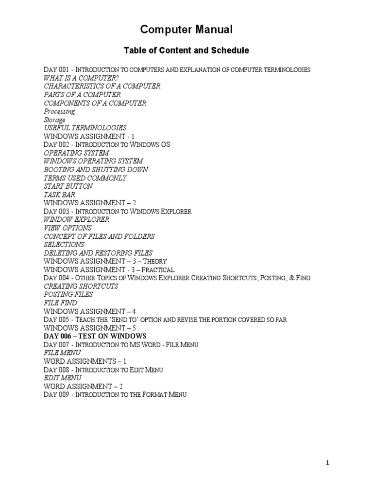 Computer Manual: Table of Content and Schedule | Download Free PDF ...
