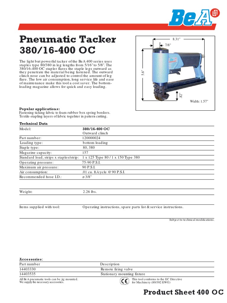 Pneumatic Tacker 380 16-400 OC - BeA | PDF