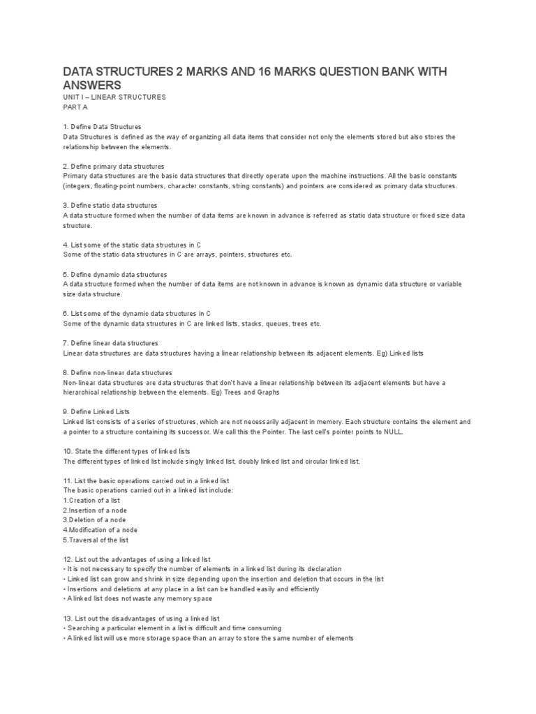 Data Structures 2 Marks and 16 Marks Question Bank With Answers | PDF ...