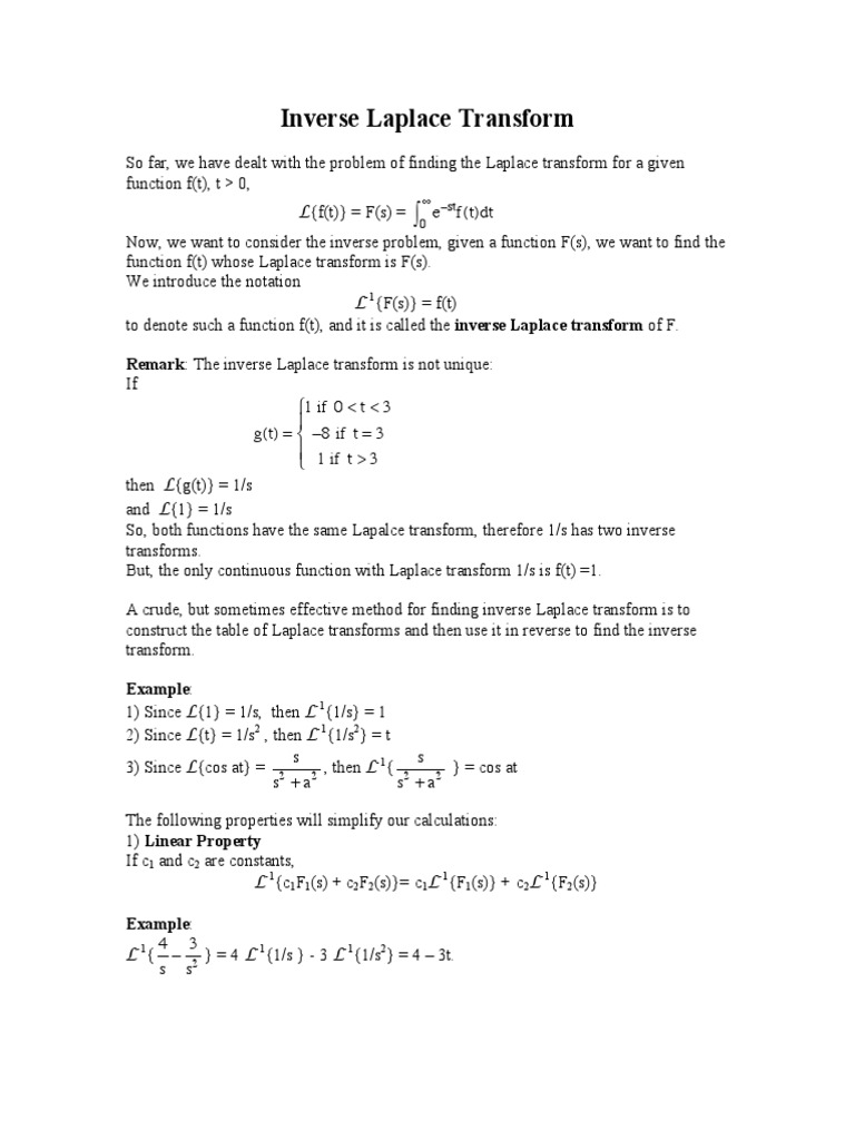 Inverse Laplace Transform: L (F (T) ) F(S) | PDF