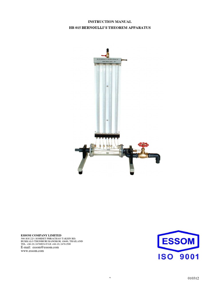 Instruction Manual HB 015 Bernoulli'S Theorem Apparatus: Essom Company Limited | PDF | Pressure ...