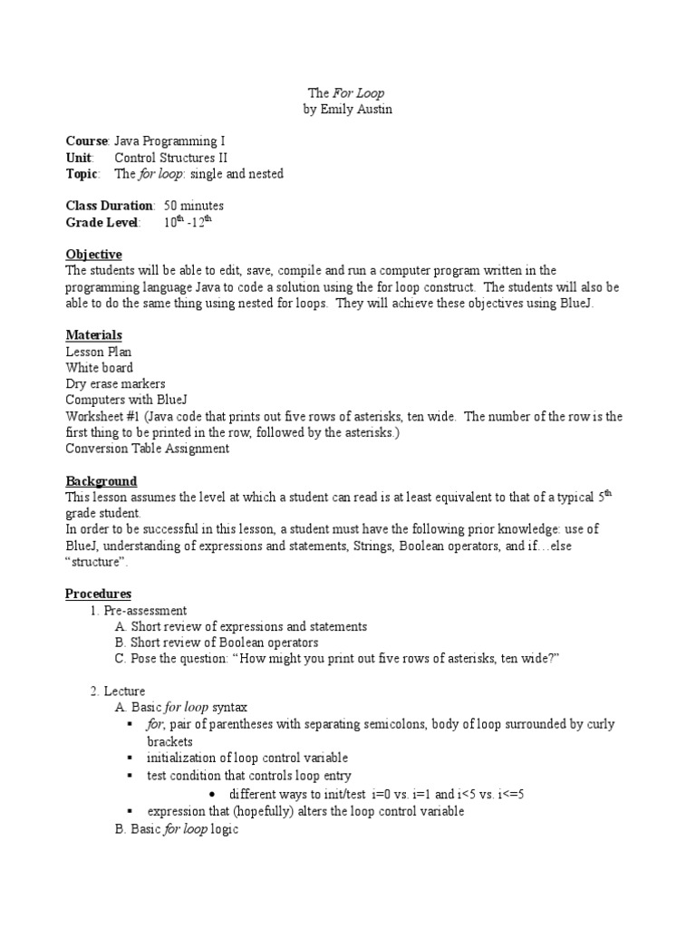 For Loop Lesson Plan | PDF | Control Flow | Lesson Plan