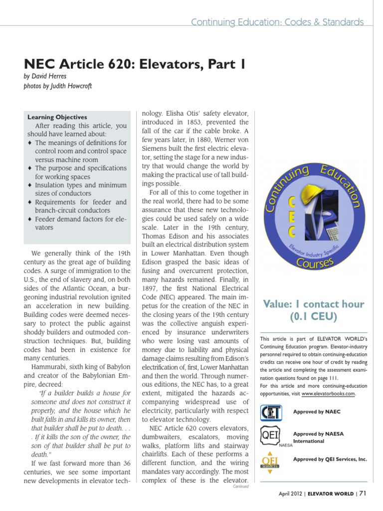 NEC Article 620: Elevators, Part 1: Continuing Education: Codes ...