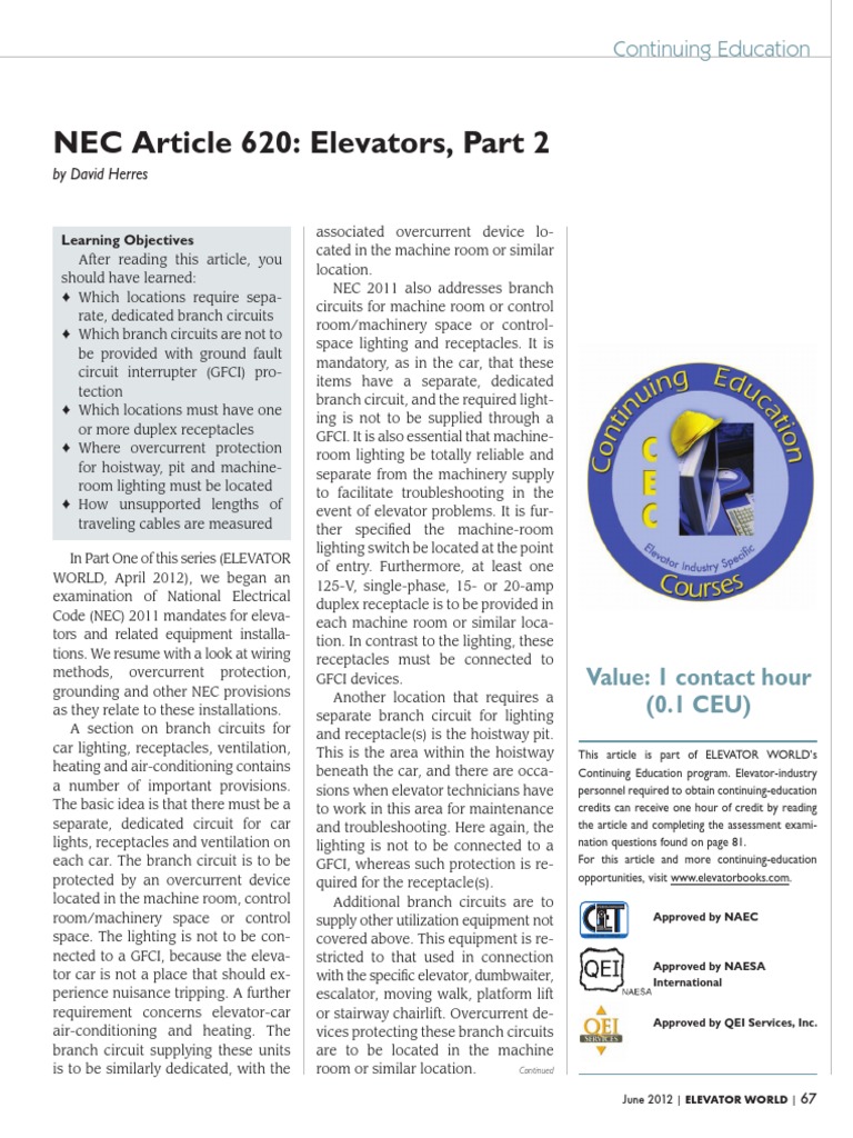 NEC Article 620 Elevators, Part 2 | PDF | Elevator | Electrical Wiring
