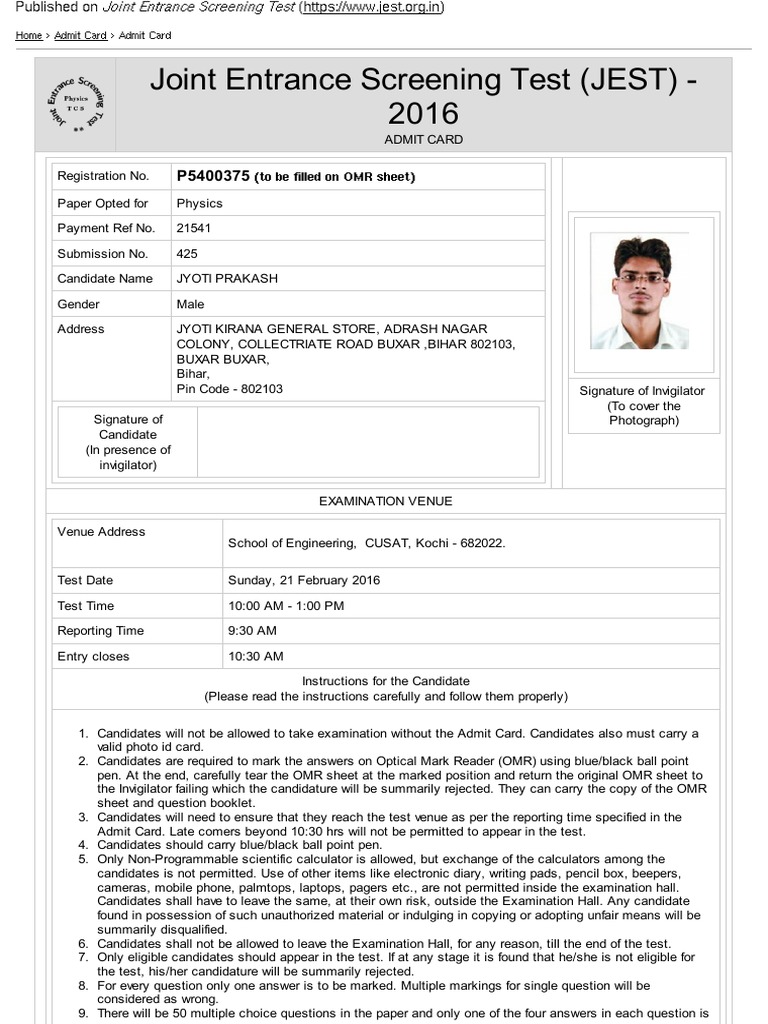JEST 2016 Admit Card Instructions | PDF | Test (Assessment) | Computing ...