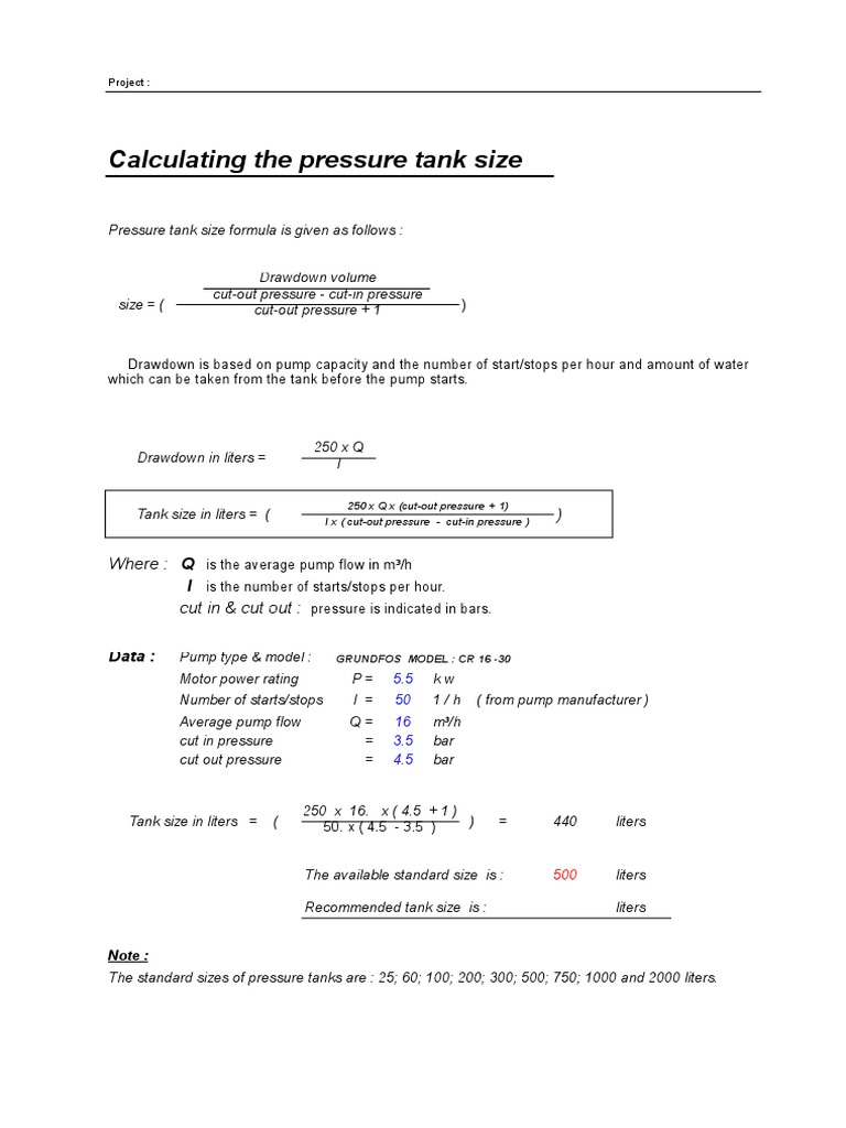 Calculating The Pressure Tank Size:) Where: Q Cut in & Cut Out | PDF ...