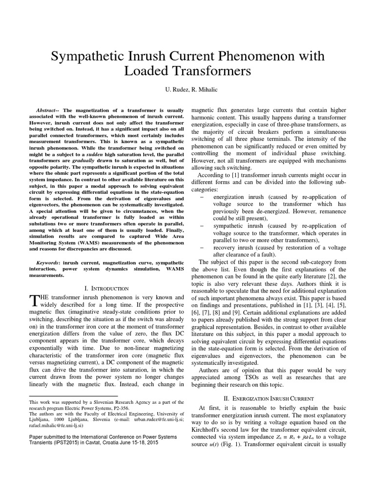 Sympathetic Inrush Current Phenomenon | PDF | Transformer | Inductance