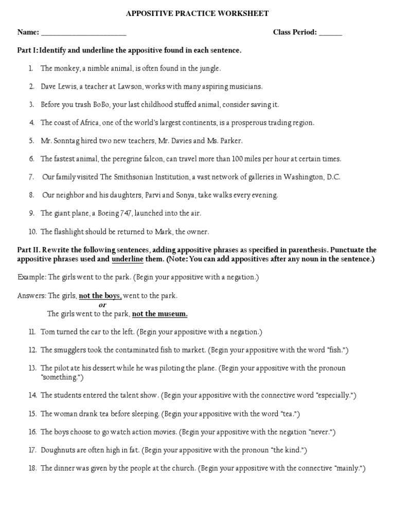 Appositives Worksheet | PDF | Semiotics | Syntax
