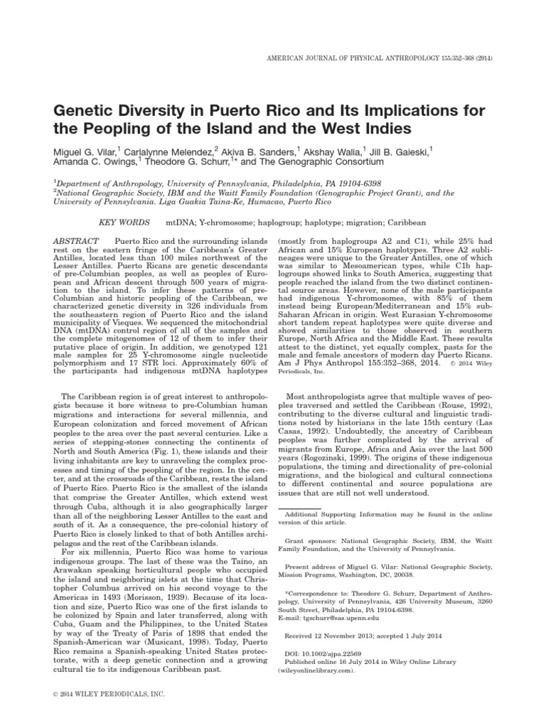 Genetic Diversity in Puerto Rico and Its Implications For The Peopling ...