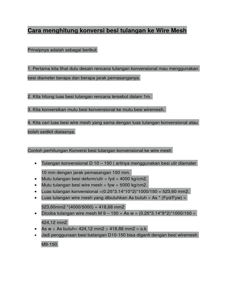 Cara Menghitung Konversi Besi Tulangan Ke Wire Mesh | PDF