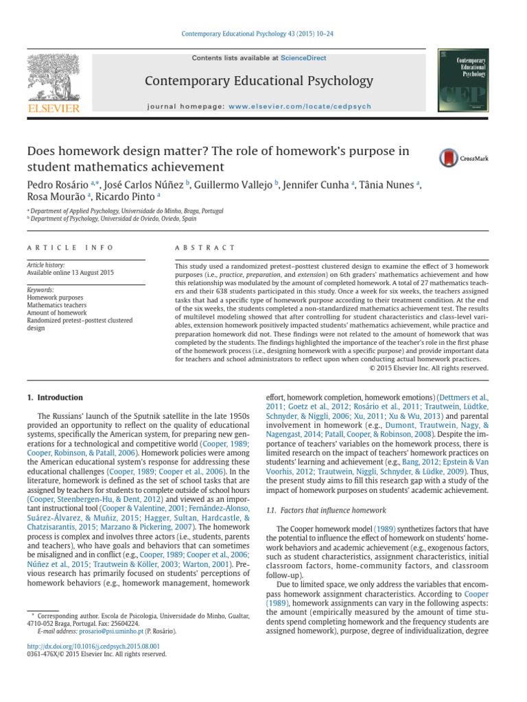 1 Does Homework Design Matter The Role of Homework's Purpose in Student ...