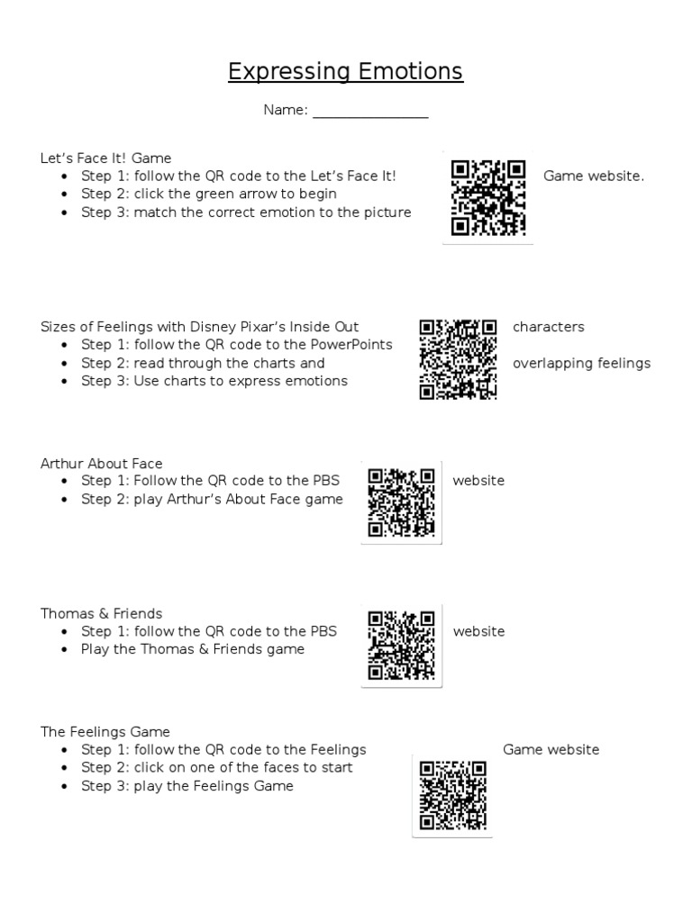 QR Code Activities for Emotion Games | PDF | Games & Activities