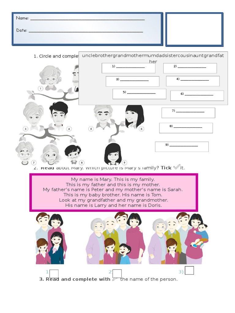 Family Vocabulary Worksheet for Kids | PDF | Teaching Methods ...