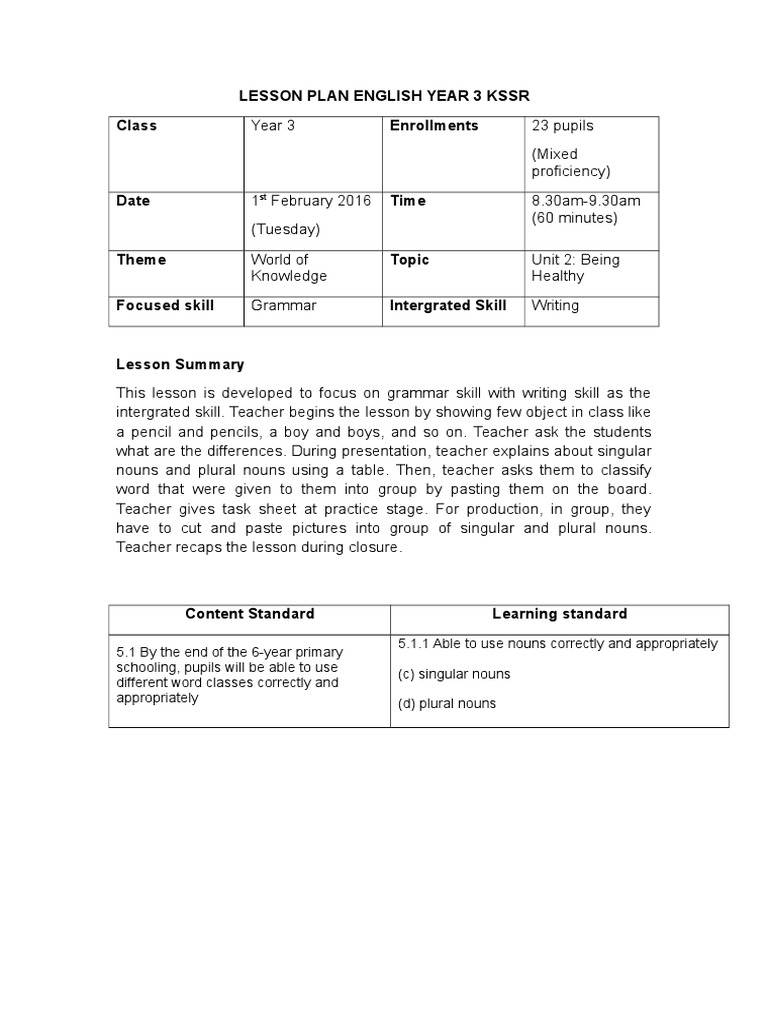 Lesson Plan Year 3 Unit 2 Grammar | PDF | Grammatical Number | Plural